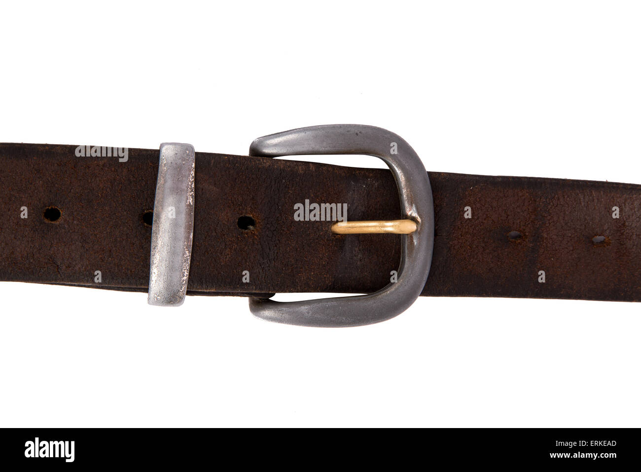 Close up detailed front view of brown tighten leather belt with buckle ...