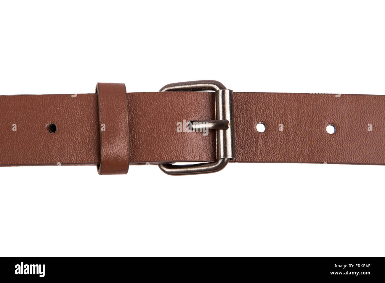 Close up detailed front view of brown tighten leather belt with buckle ...
