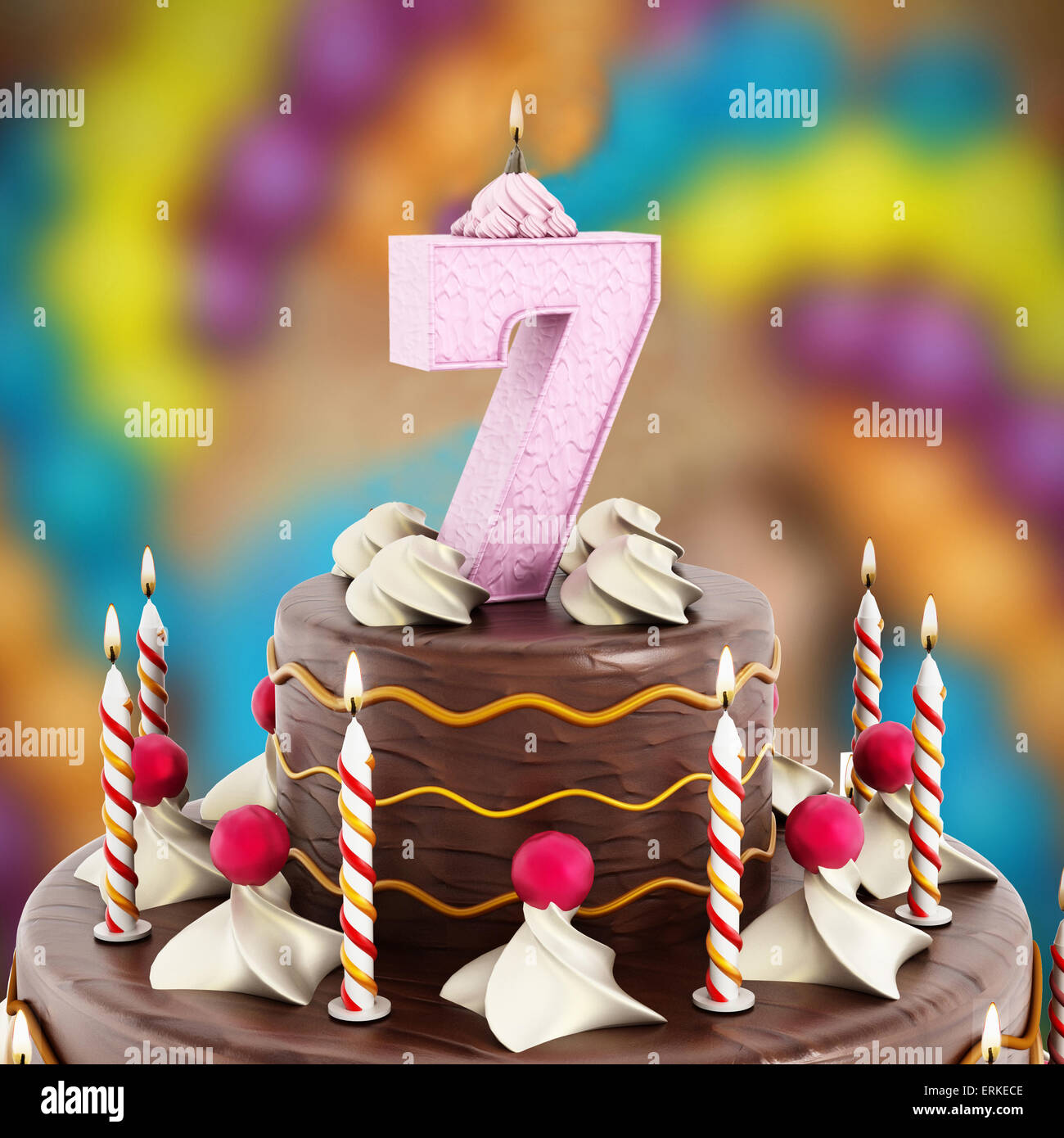 Birthday cake with number 7 lit candle Stock Photo - Alamy