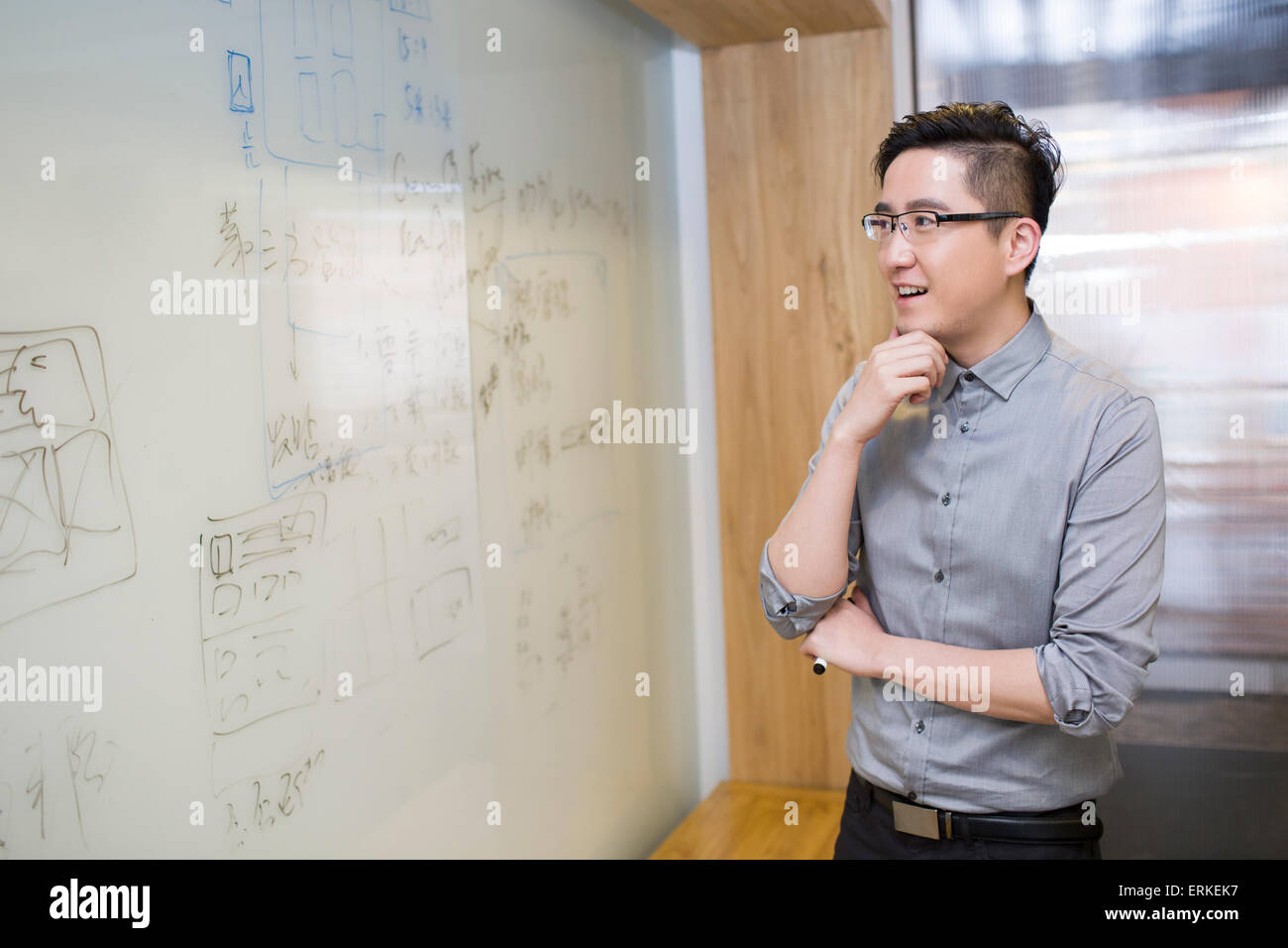 Businessman thinking in front of the whiteboard Stock Photo - Alamy
