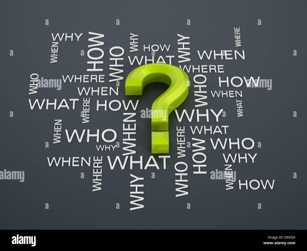 Question mark and question words on gray surface Stock Photo - Alamy