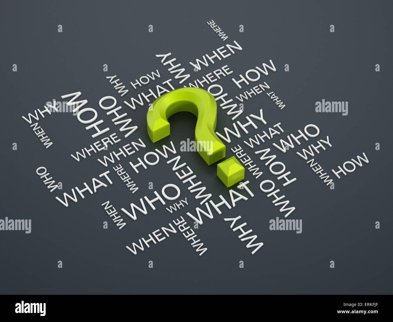 Question mark and question words on gray surface Stock Photo - Alamy