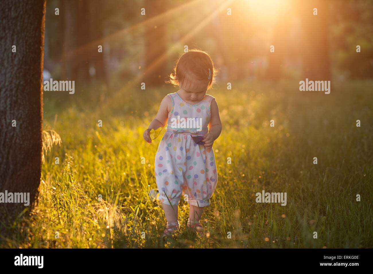 Walking baby in sunset lights Stock Photo - Alamy
