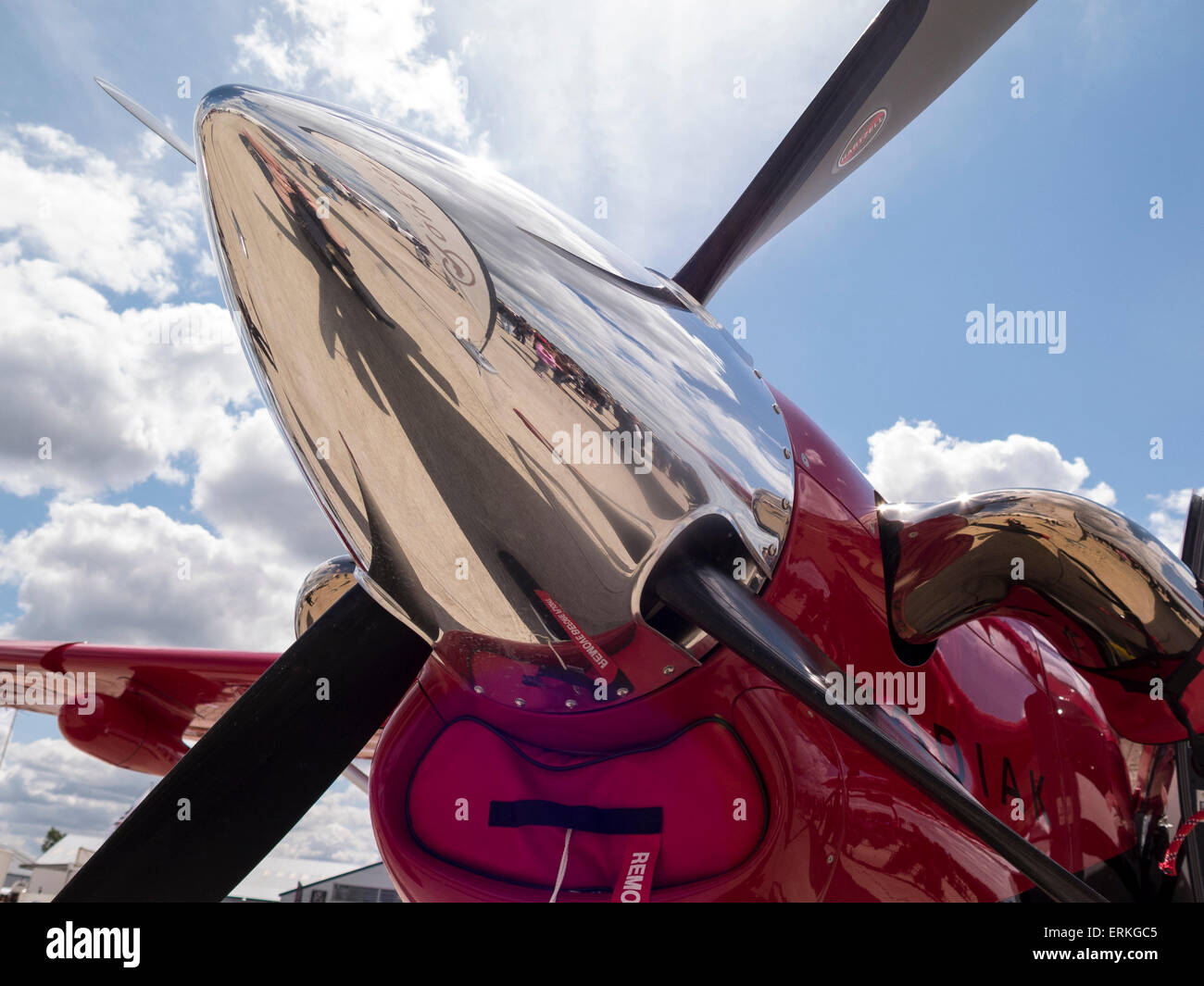 The brightly polished propeller of an executive aircraft,at Aerexpo ...