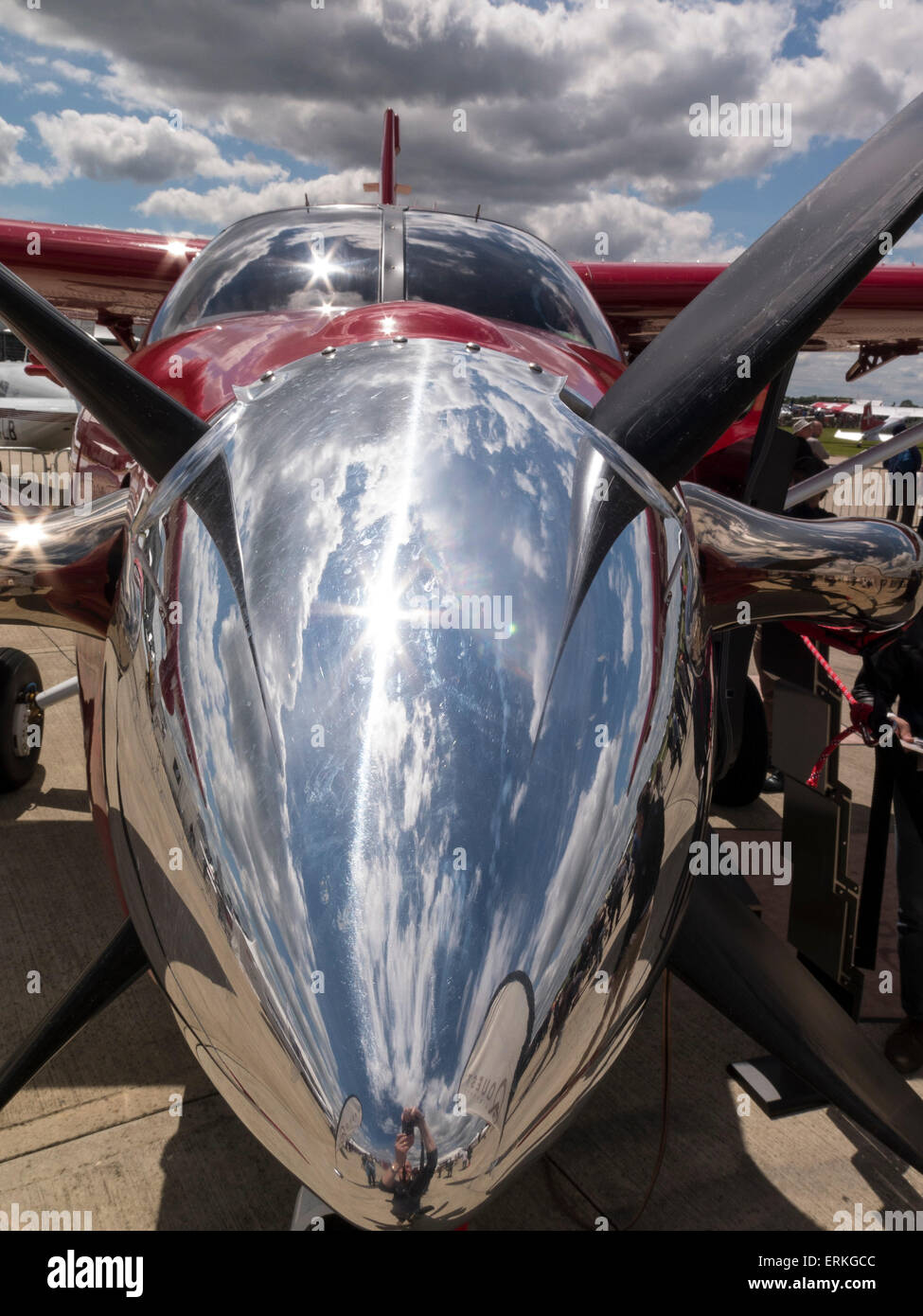 The brightly polished propeller of an executive aircraft,at Aerexpo ...