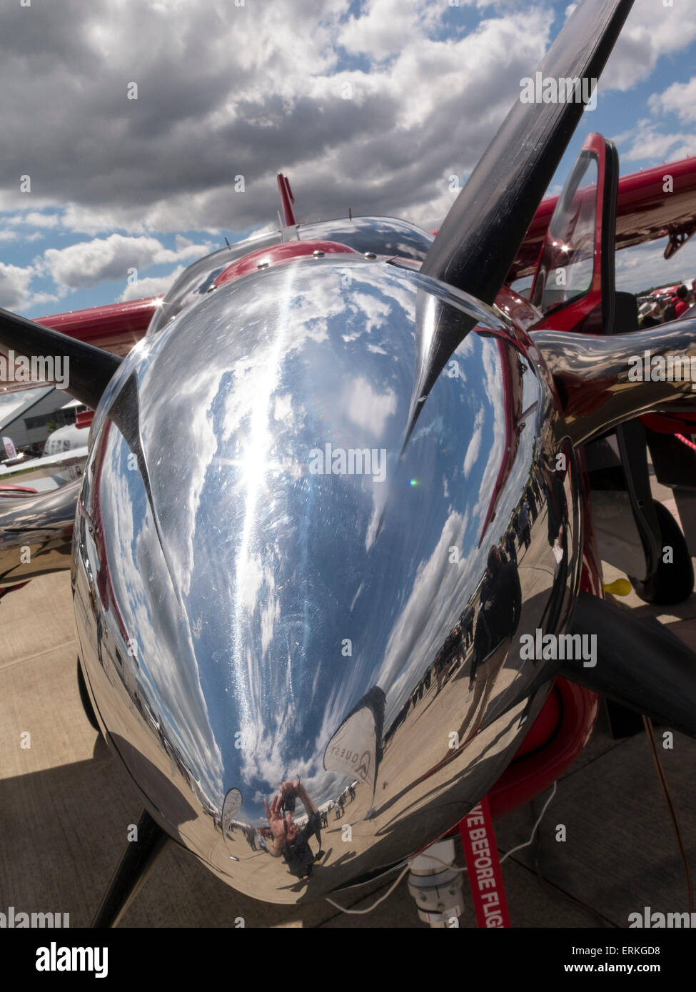 The brightly polished propeller of an executive aircraft,at Aerexpo ...