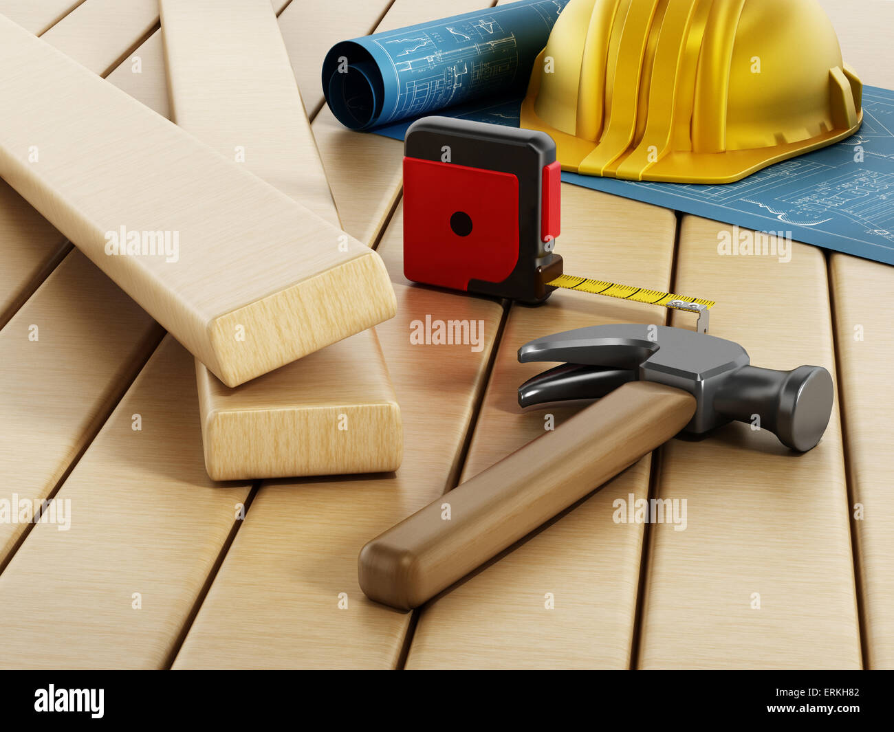 Construction project with hammer, tape measure, hardhat and blueprints ...
