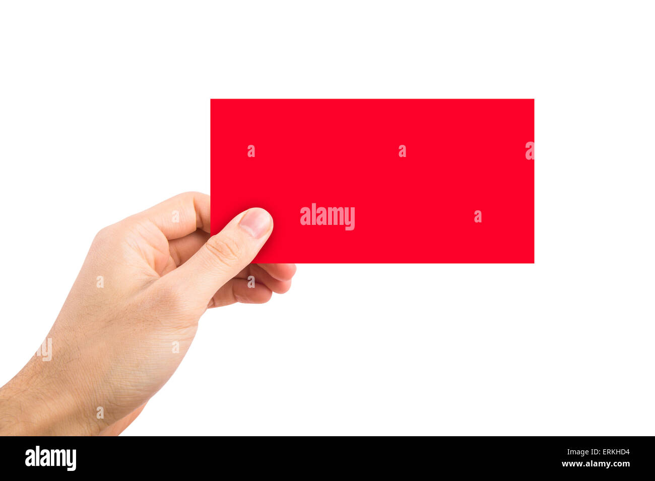 Front view of red blank label holding on hand, isolated on white ...