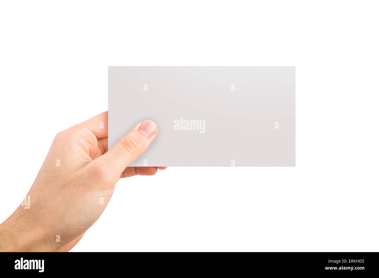 Front view of white blank label holding on hand, isolated on white ...