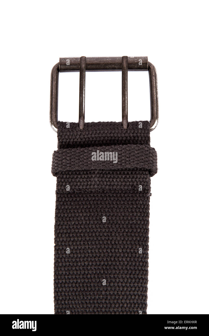 Close up detailed front view of grey fabric belt buckle, isolated on ...