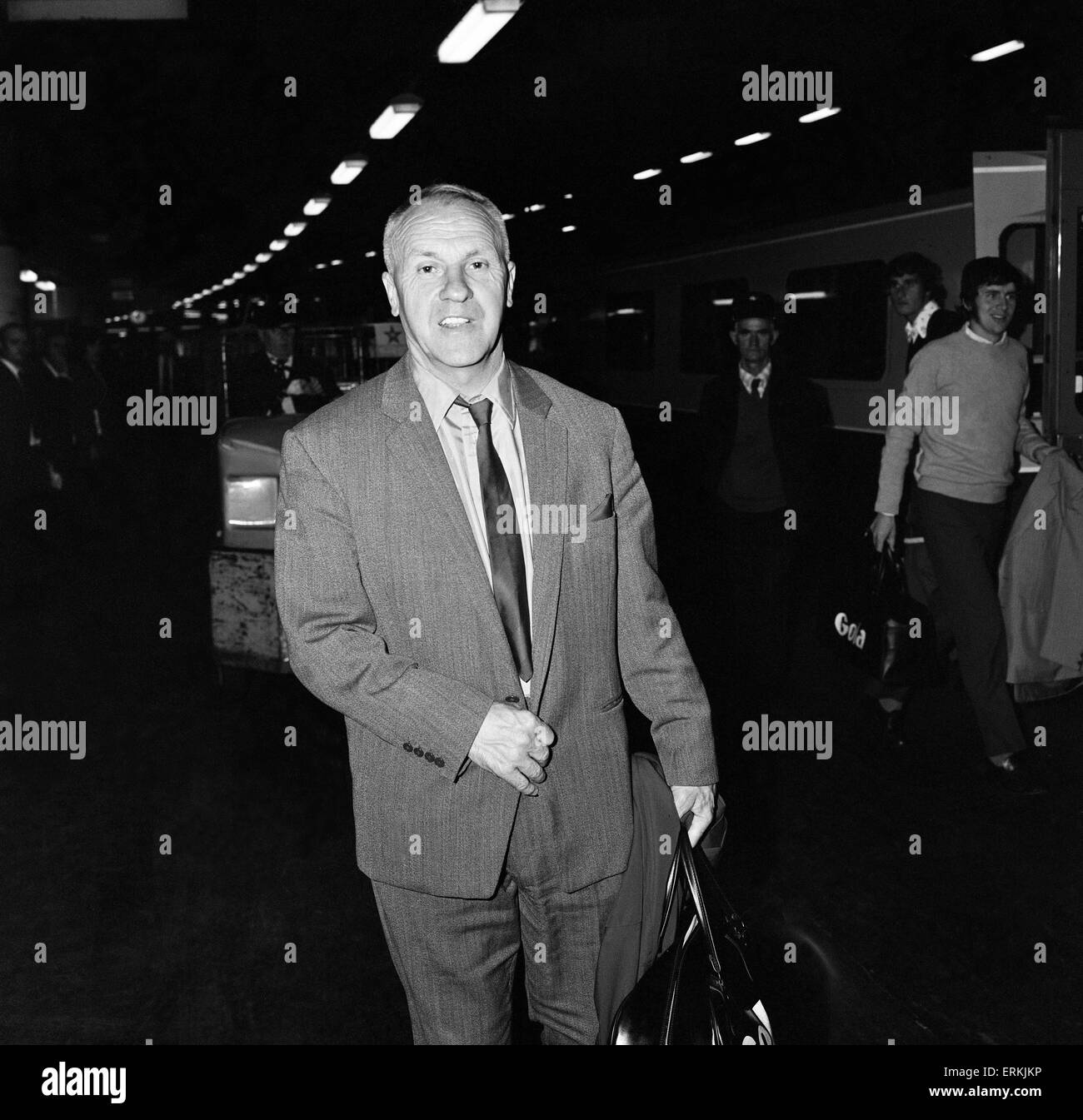 Liverpool manager Bill Shankly arrives at Euston Station, ahead of his ...