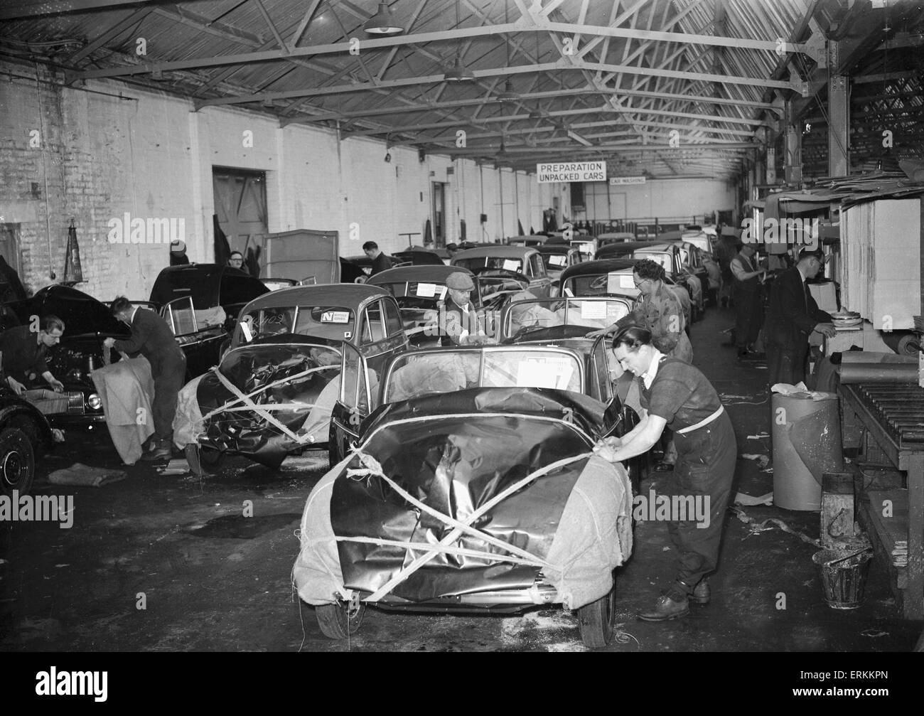 Morris Minor Low Light Sedans fresh of the production line being packed ...