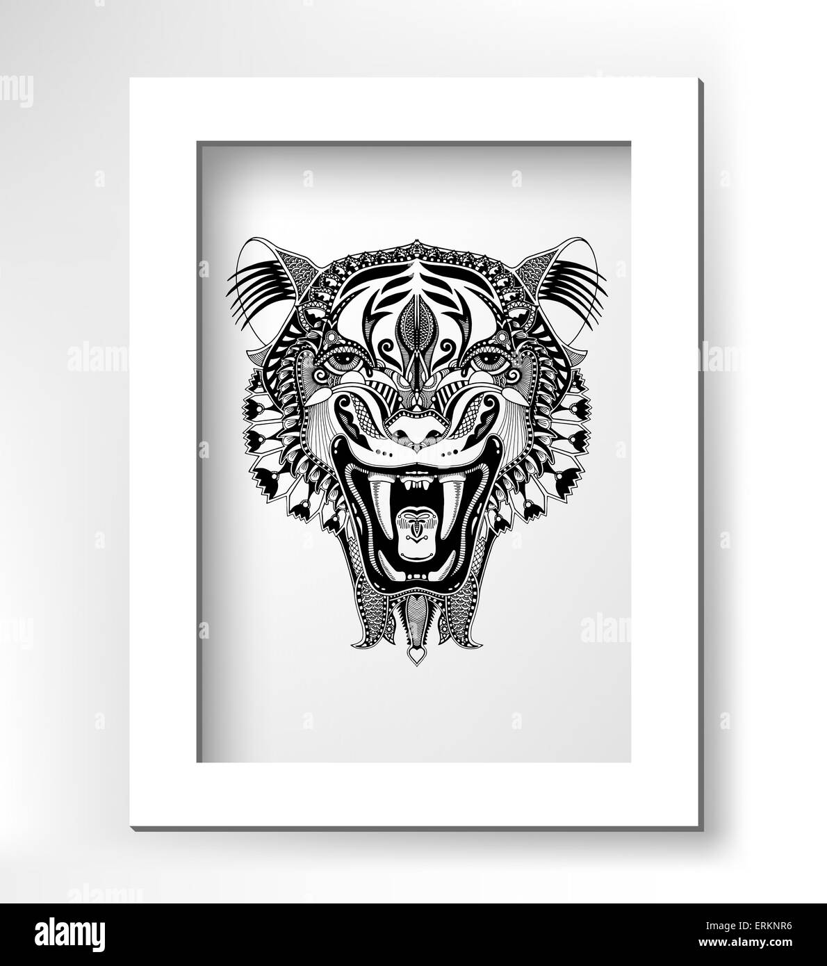black drawing head tiger drawing with the opened fall in white m Stock ...
