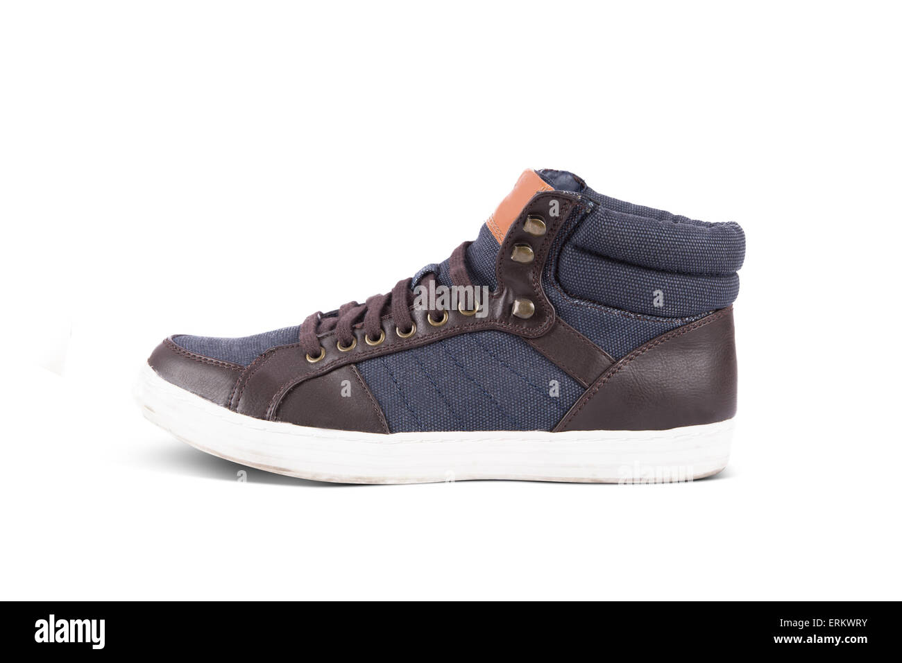 Blue / brown new shoe with side view isolated on white background Stock ...