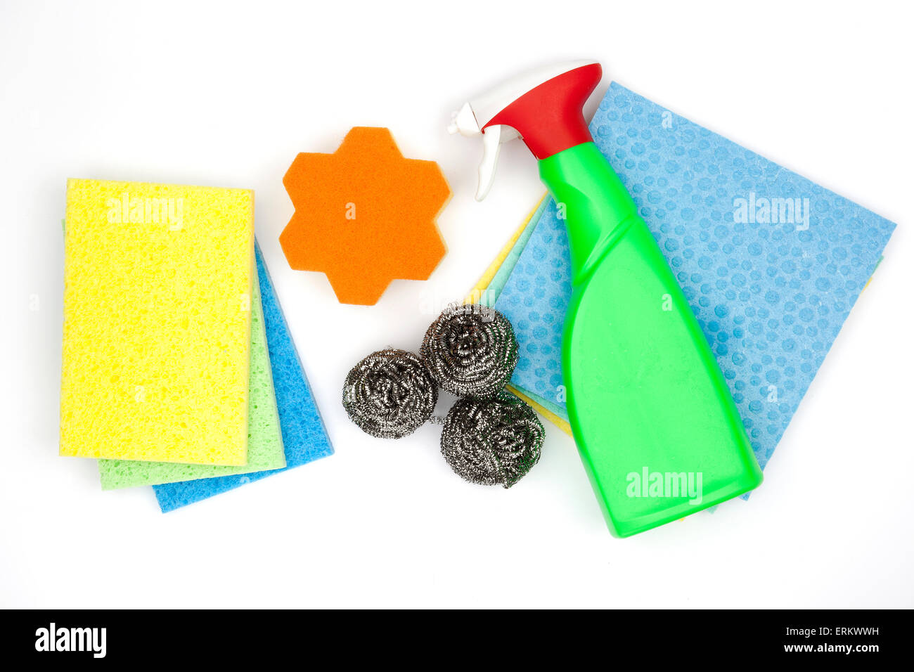Cleaning product containers and sponges isolated on a white background ...