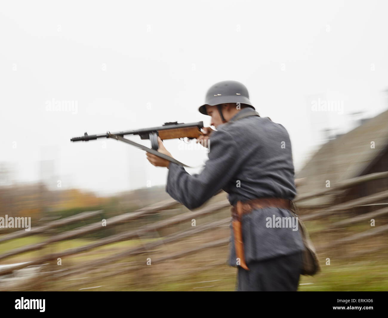 Historic costume theme World War II, Finnish soldier uses Submachine ...