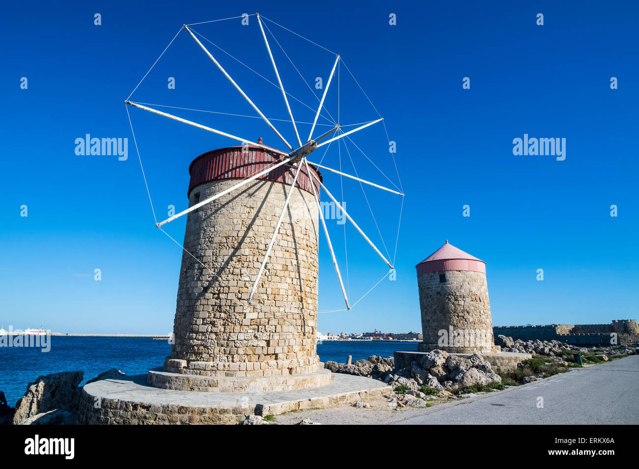 Medieval windmills at Mandraki harbour, City of Rhodes, Rhodes ...