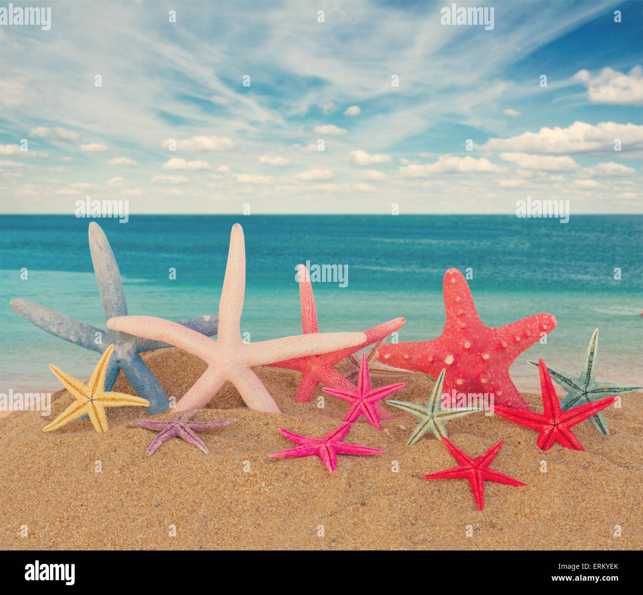 three starfish in sand Stock Photo - Alamy