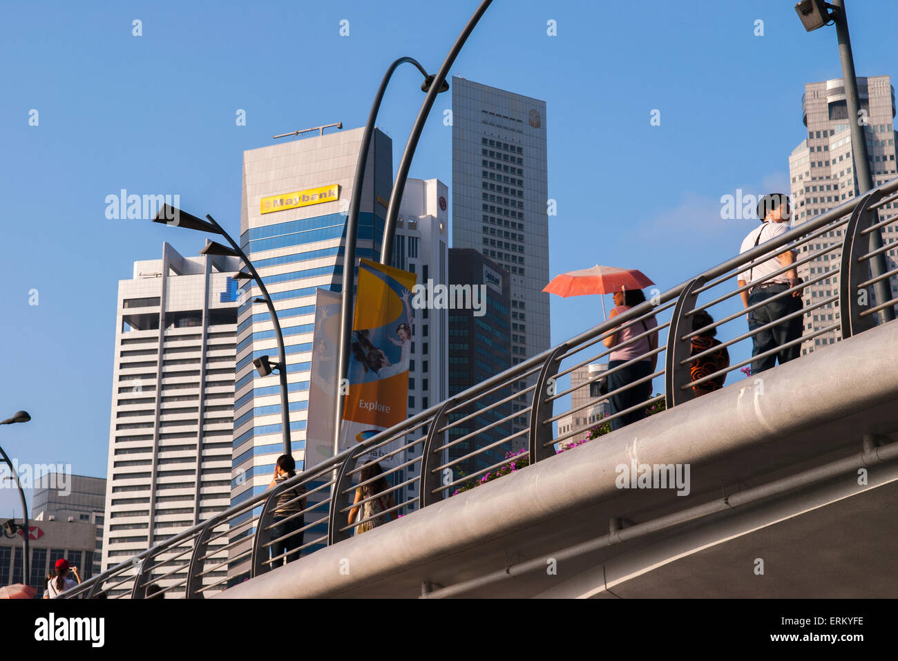 People on bridge at the Central Business District of Singapore Stock ...