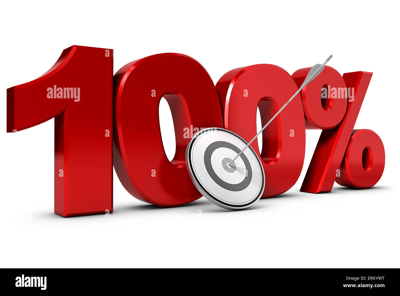 3D render of the number one hundred with one target and an arrow in the ...