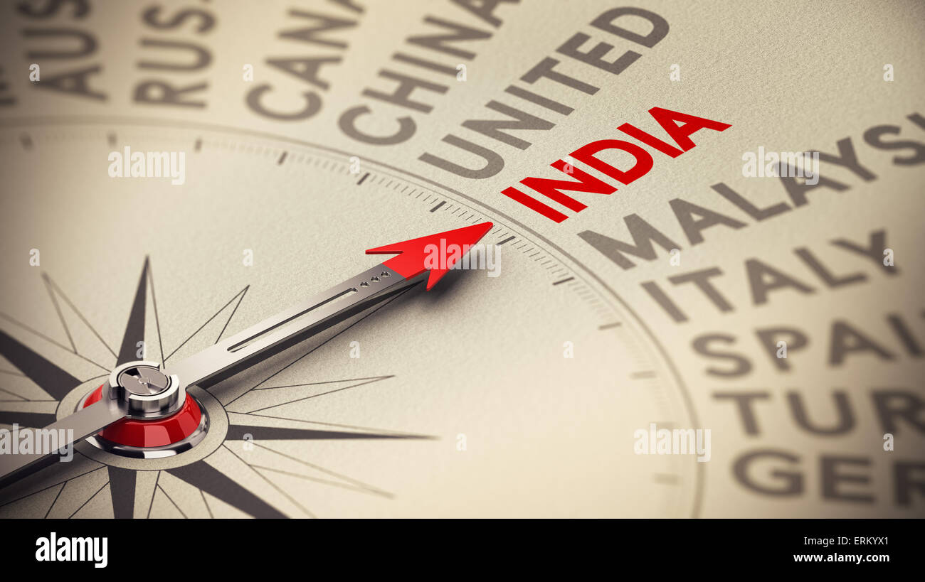 Business background concept. Compass with needle pointing to India. Red ...