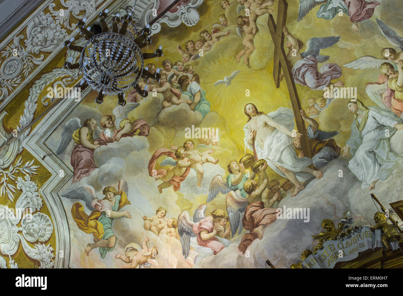 A colorful Italian Renaissance fresco on the arched ceiling of an ...