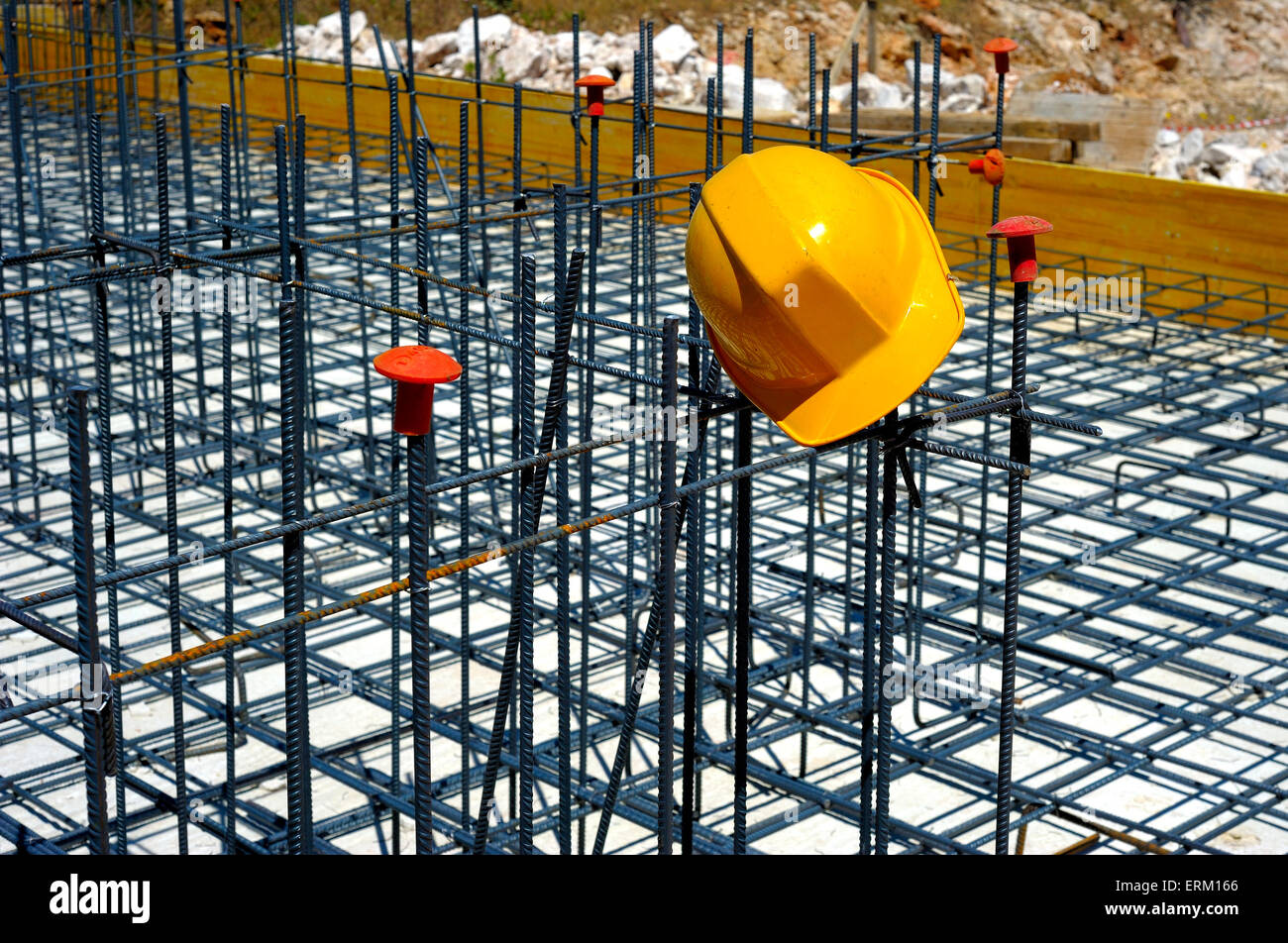 Helmet and protection caps for reinforcing bars on building site Stock ...