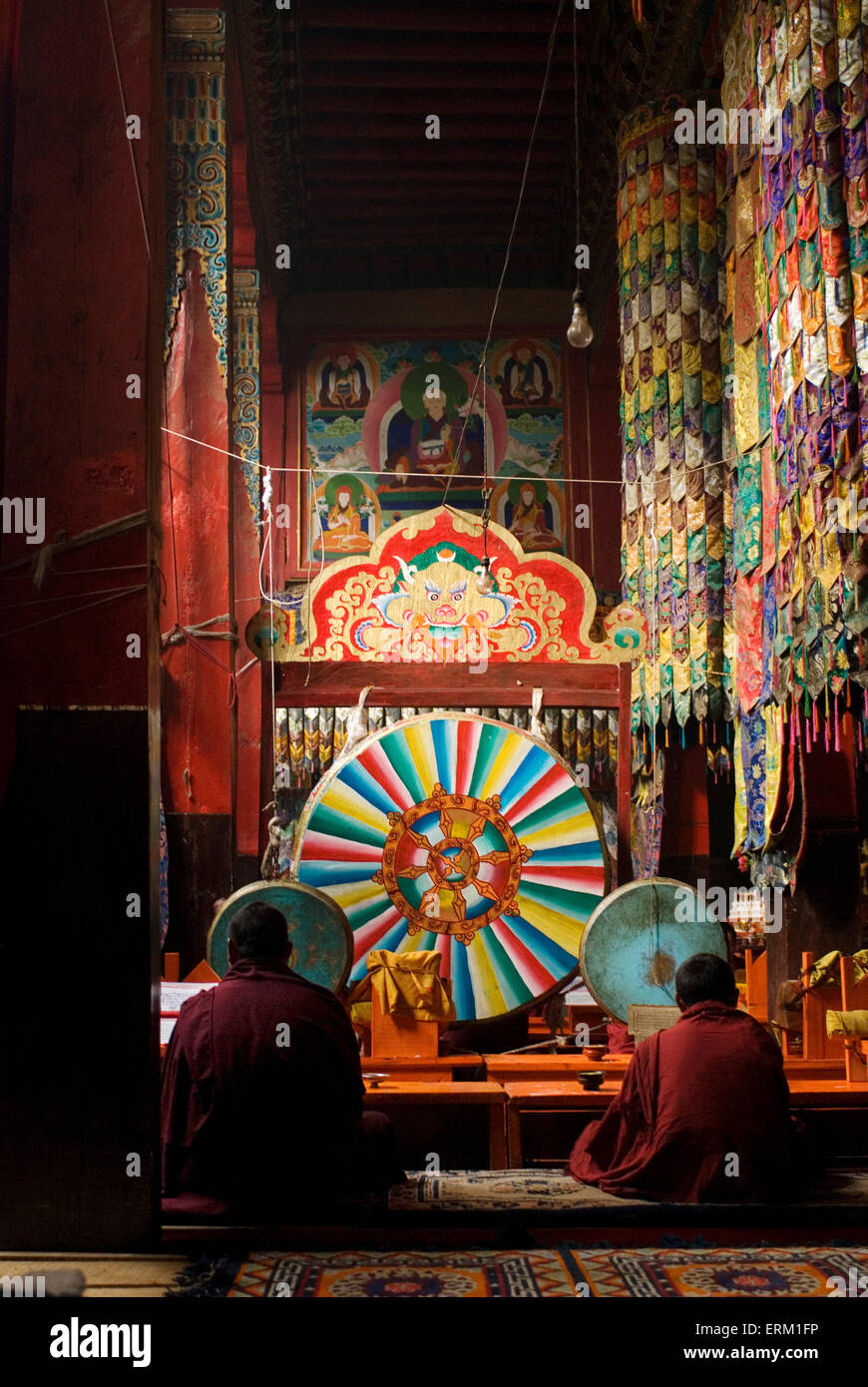 Tibetan monks chanting drums hi-res stock photography and images - Alamy