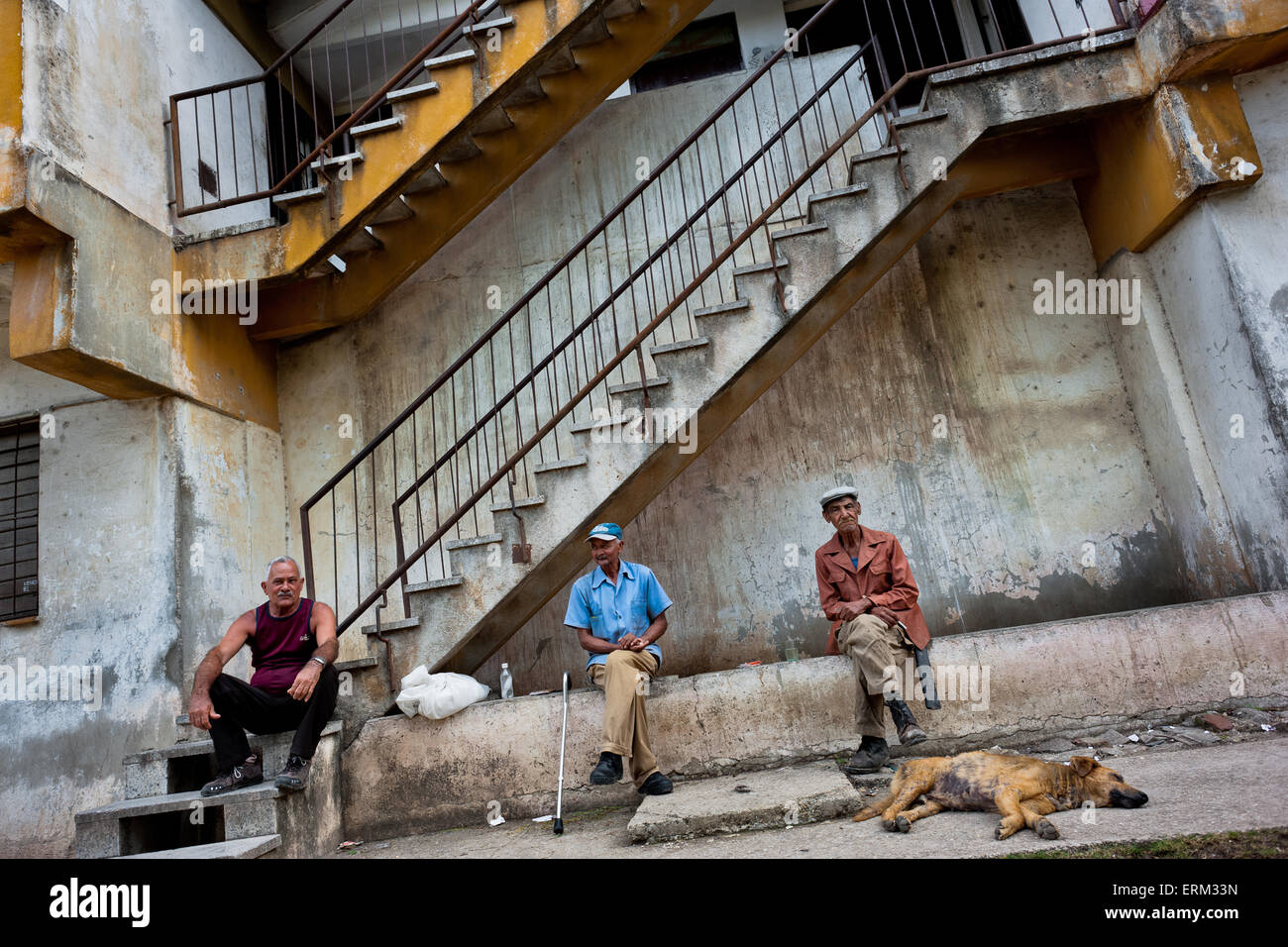 Old Cuban men sit and drink rum in front of the apartment block in ...
