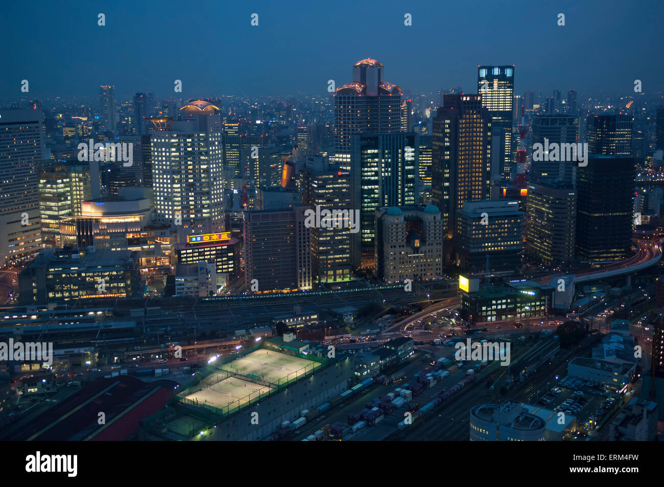 The blue hour in the Japanese city of Osaka as seen from high up. The ...