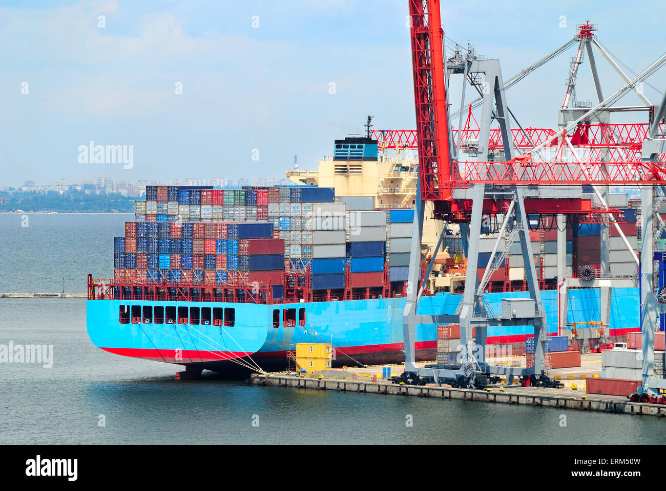 View on trading seaport with cranes, cargoes and the ship Stock Photo ...