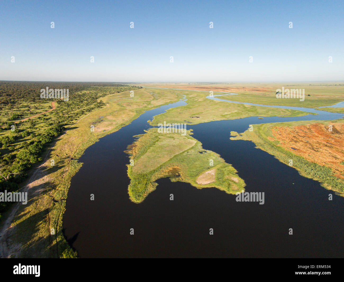 Africa, Botswana, Chobe National Park, Aerial view of Chobe River in ...