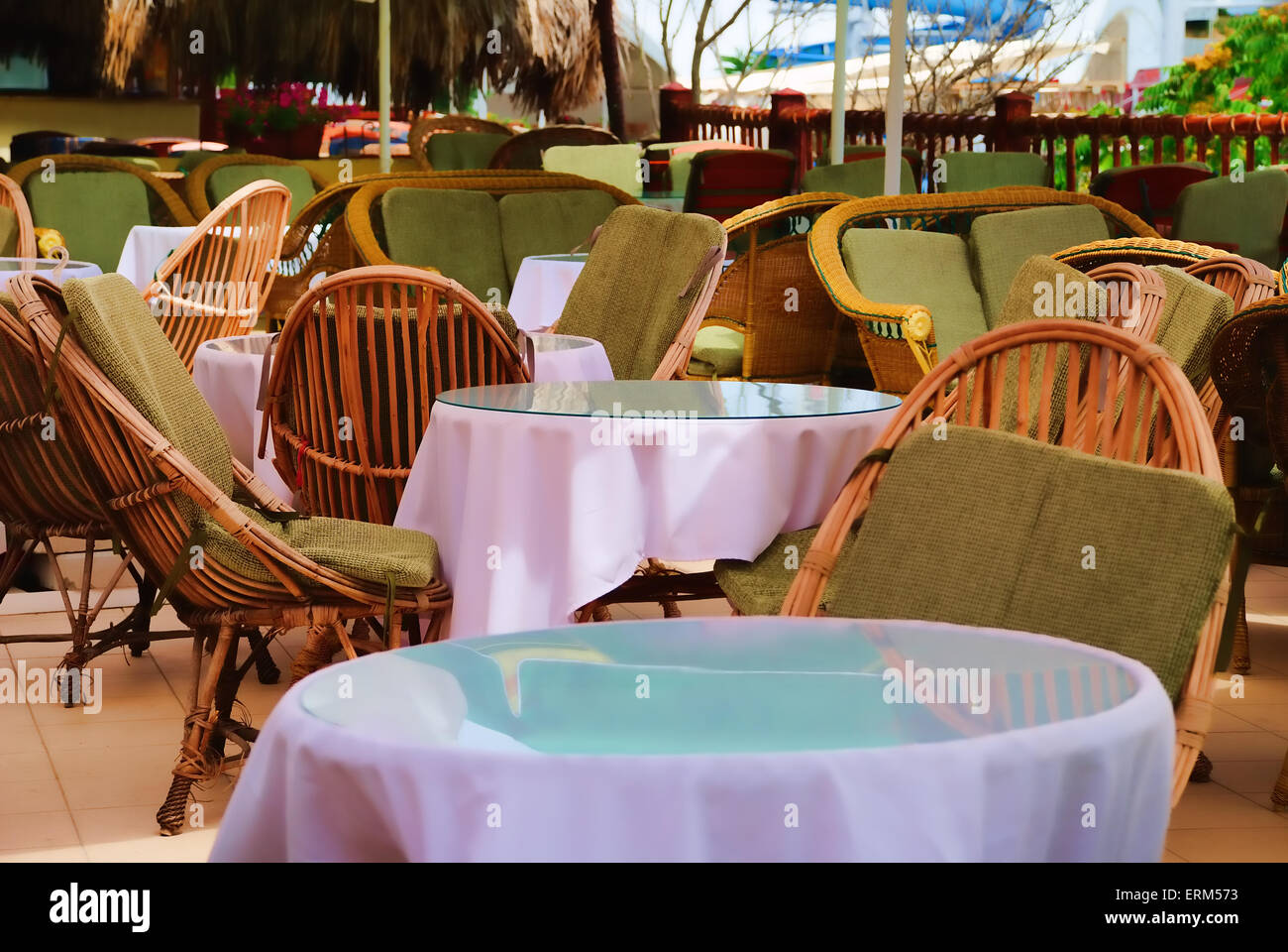 Interior of a summer open-air cafe Stock Photo - Alamy