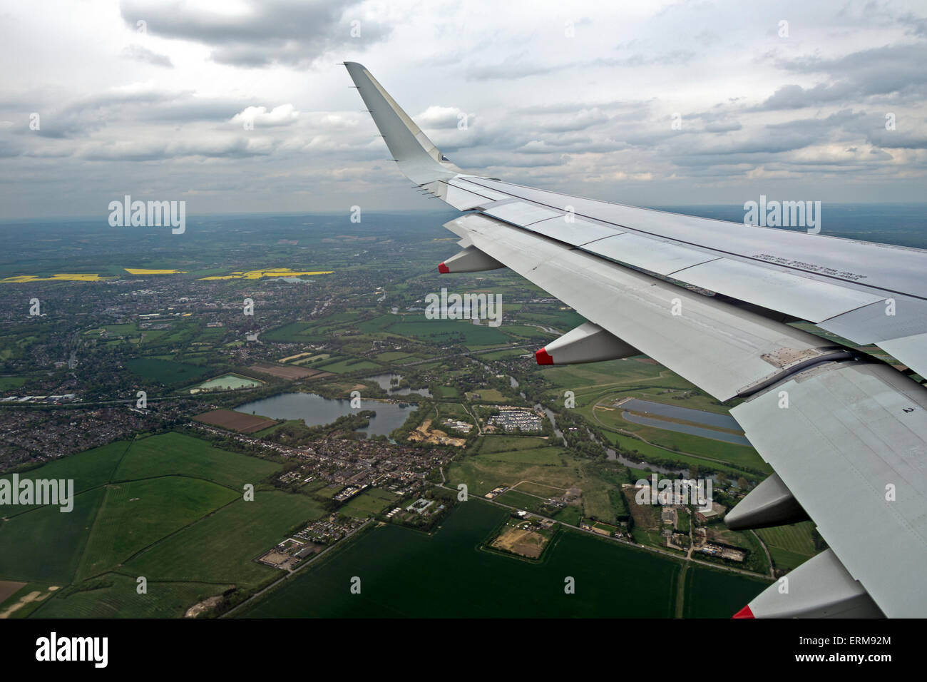 Arrival at London Heathrow airport a view through the window flying ...