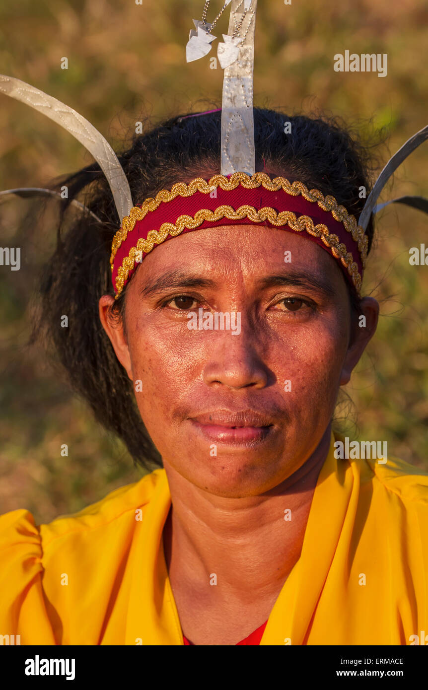 Manggarai woman wearing a traditional headdress, Melo village, Flores ...