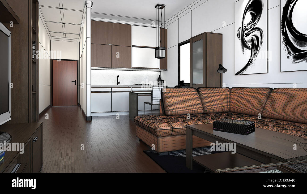 3D interior rendering of a small loft with textures Stock Photo - Alamy