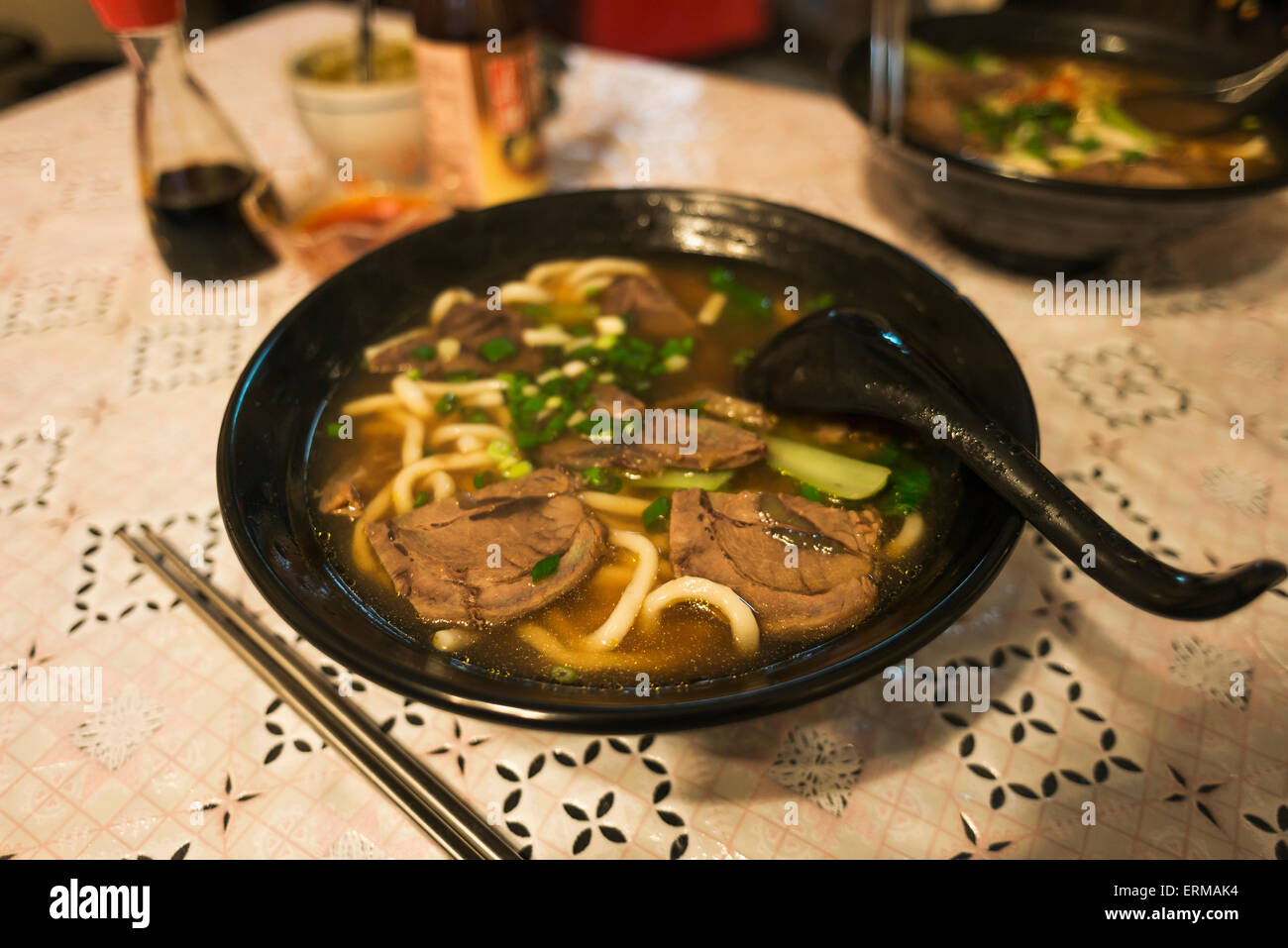 Traditional Taiwanese beef noodle soup made in a Jincheng's local ...
