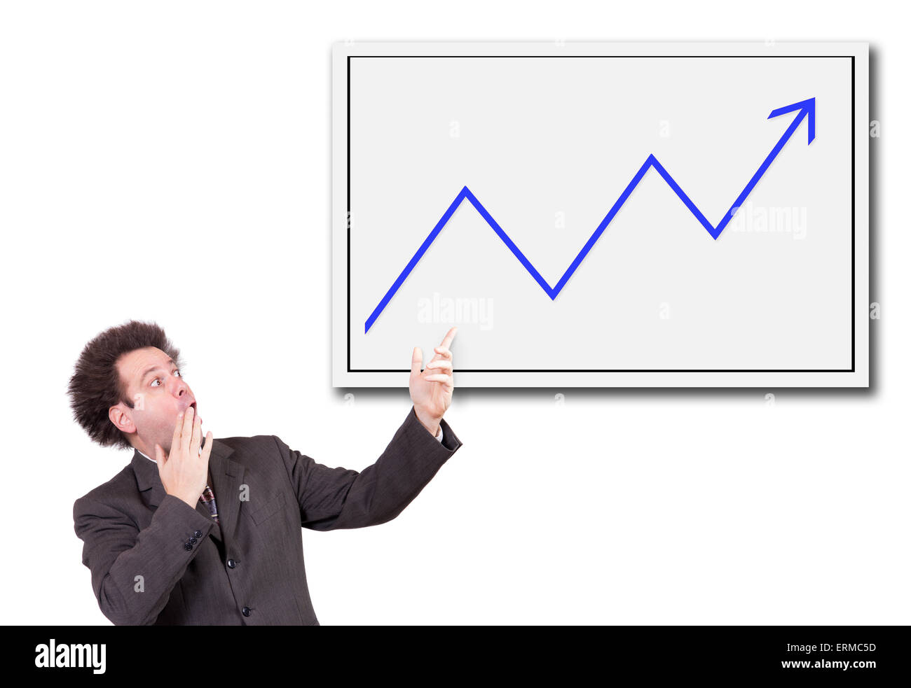 Shocked man in a suit shows a hand on the board with growing arrow ...