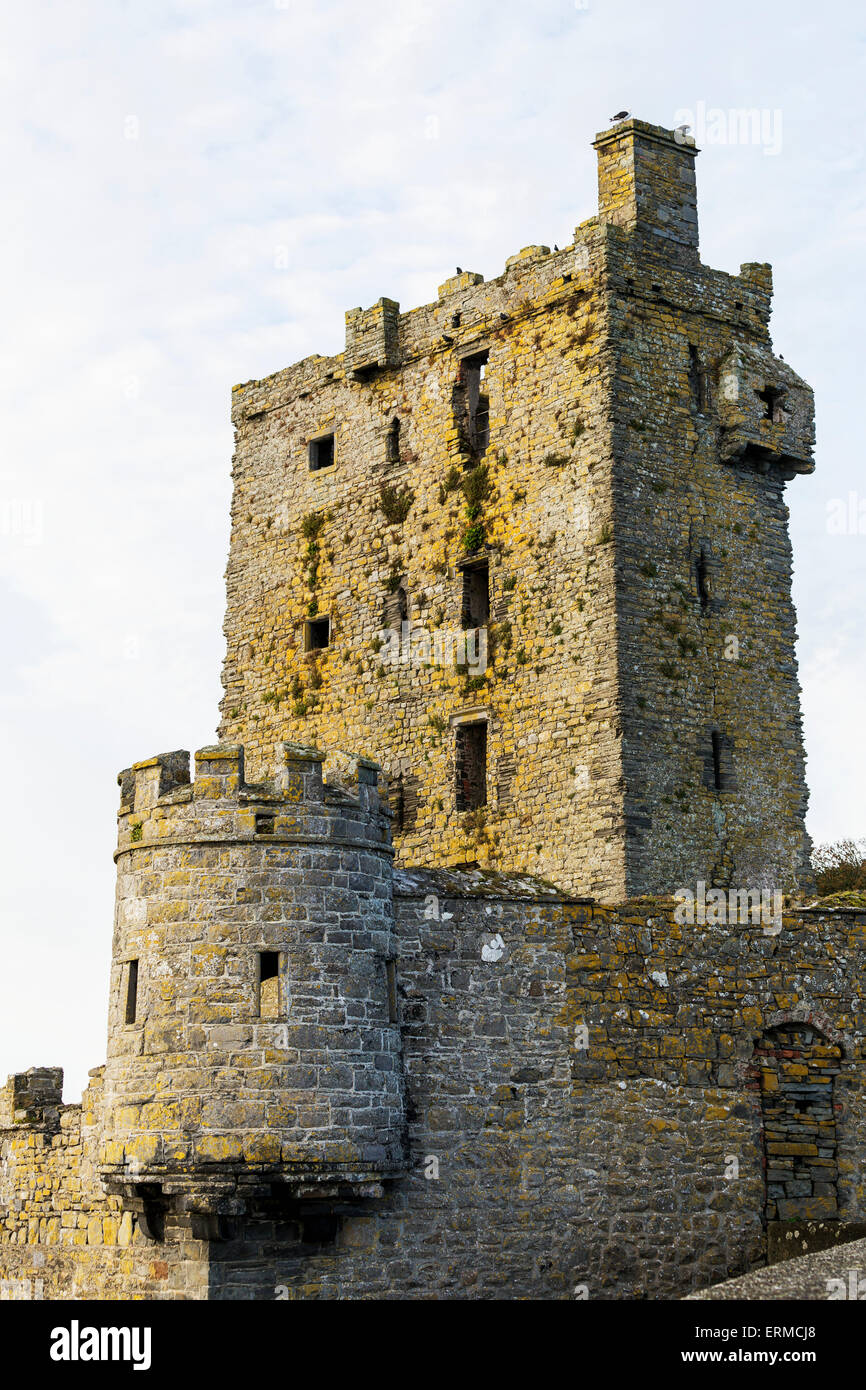 Old stone castle with turret and wall; Carrigaholt, County Clare ...