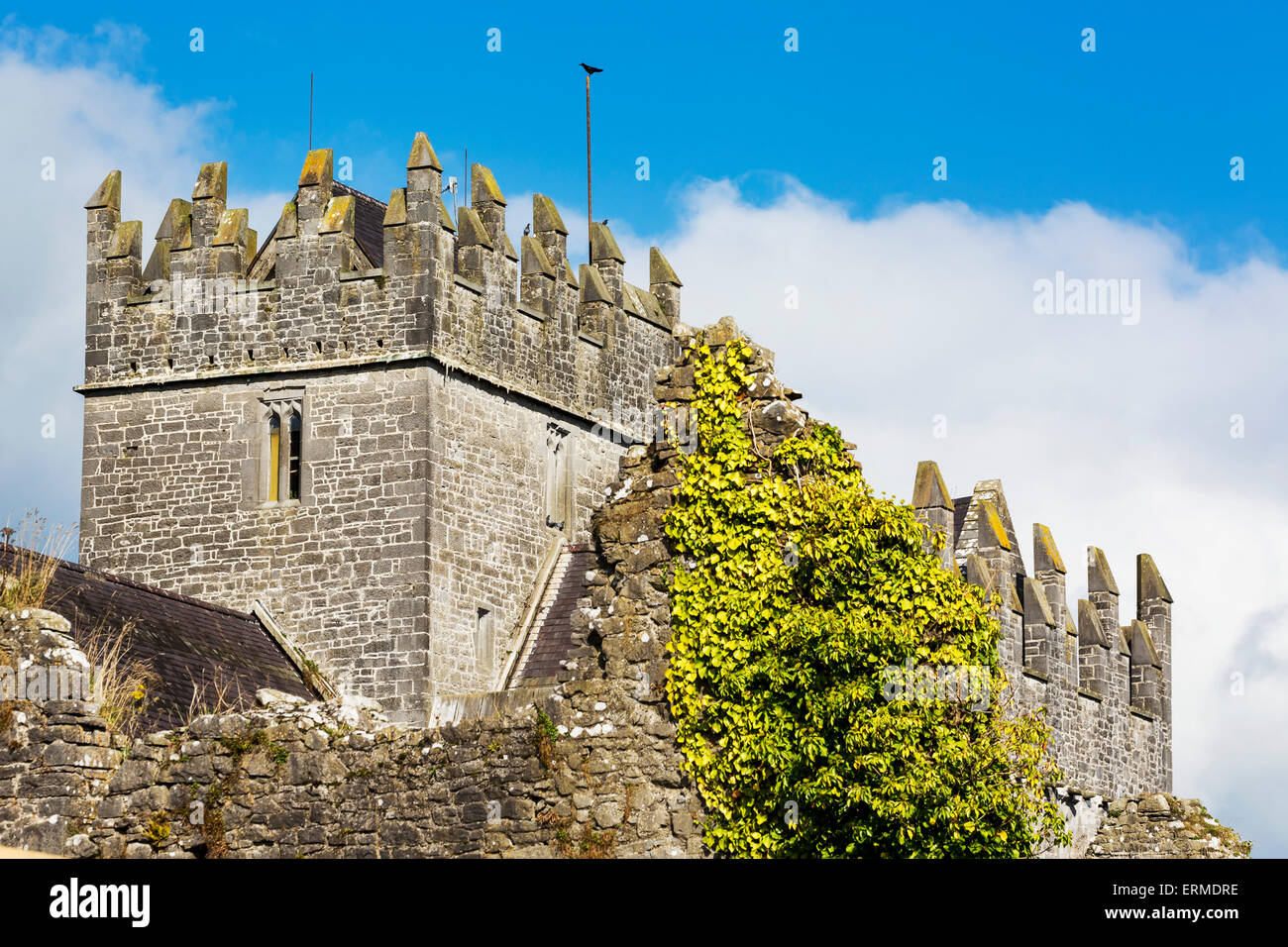 Stone castle towers with blue sky and clouds; Thurles, County Tipperary ...