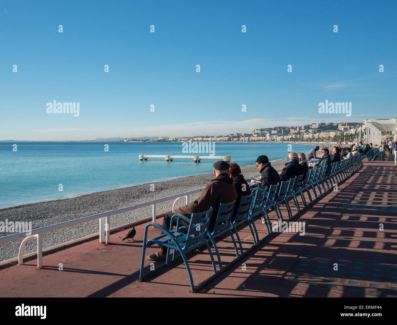 Seating by the seafront at Promenade des Anglais in Nice Stock Photo ...