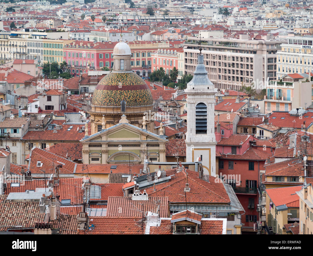 View of Nice old city roofs with Massena square buildings in background ...