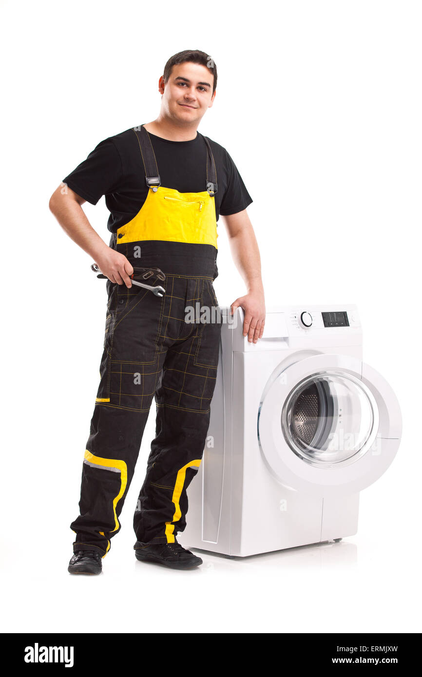 studio photo of washing machine repairman Stock Photo - Alamy