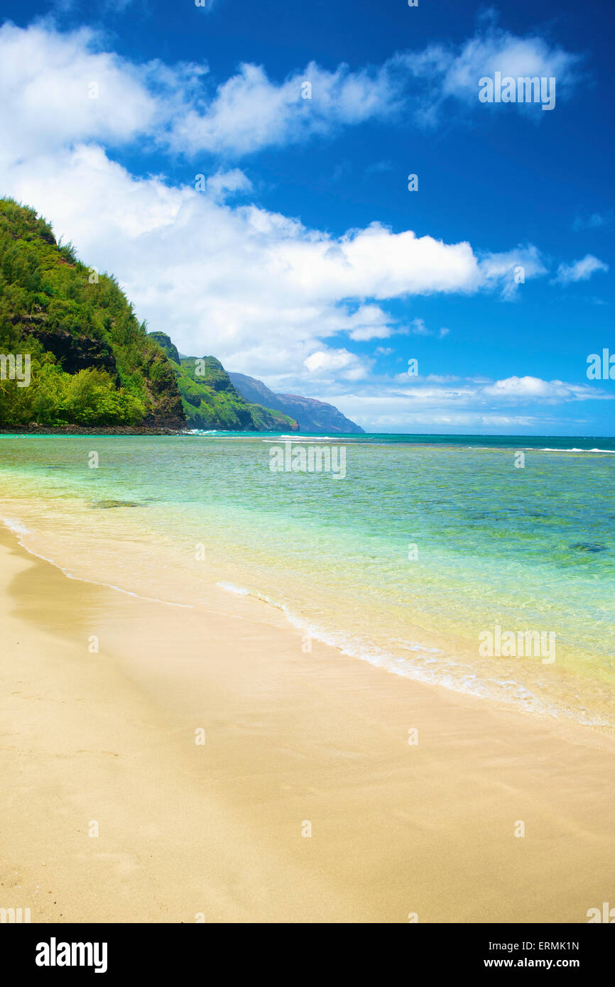 Coastline and turquoise water; Kauai, Hawaii, United States of America ...