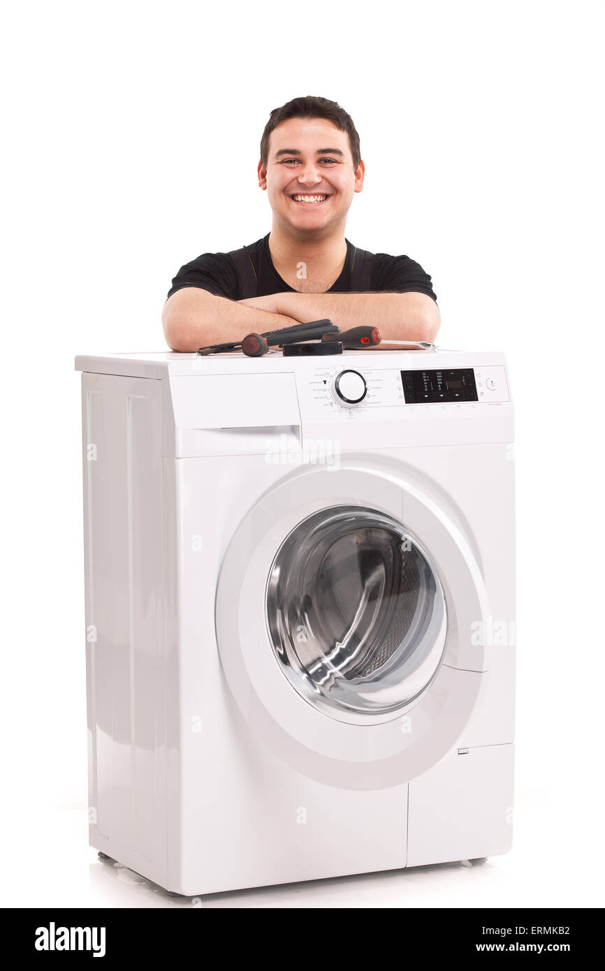 studio photo of washing machine repairman Stock Photo - Alamy