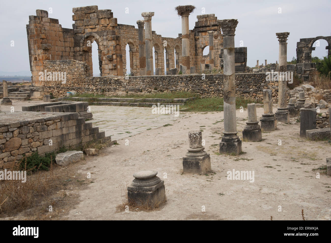 Vista across the ruins incorporating Roman arches and pillars carved ...