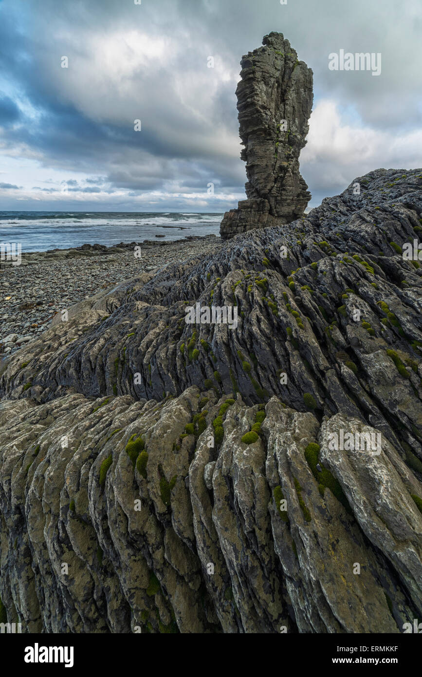 Sea stacks rise above the shoreline along the Strandir Coast in the ...