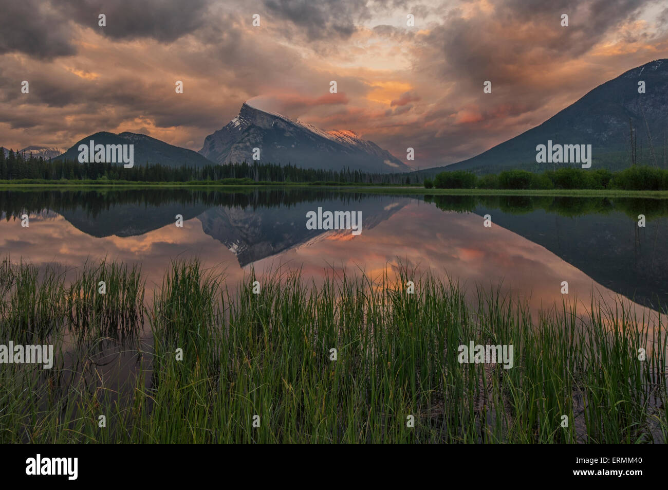 Mount Rundle and sunset coloured clouds reflected in the Vermillion ...