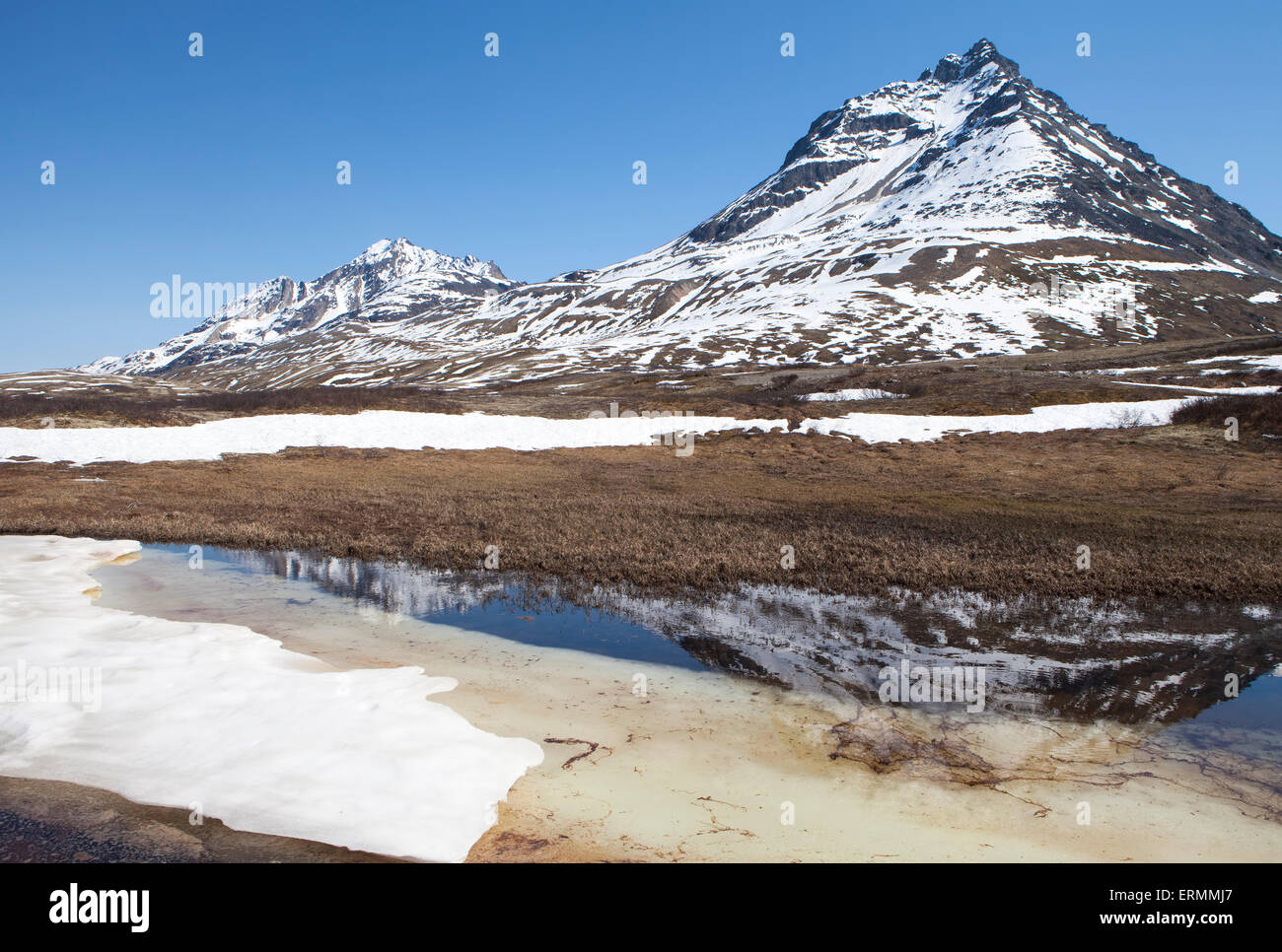 Pool formed by melting snow in spring at high elevation mountains in ...
