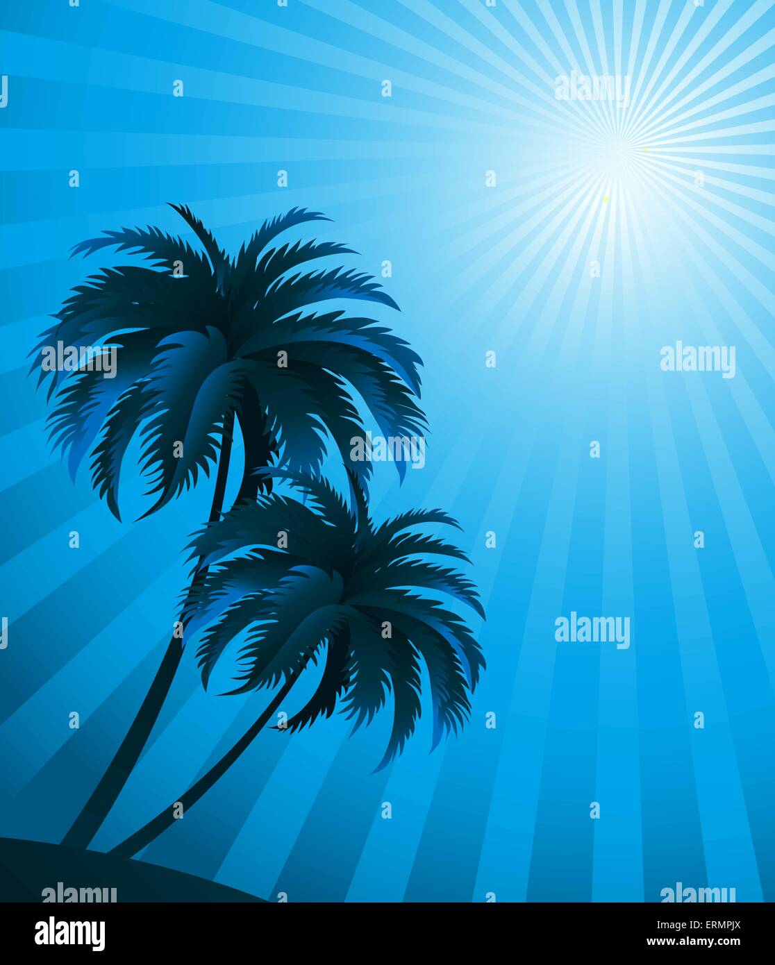 Vector sunset background with palm tree silhouette. For poster or flyer ...